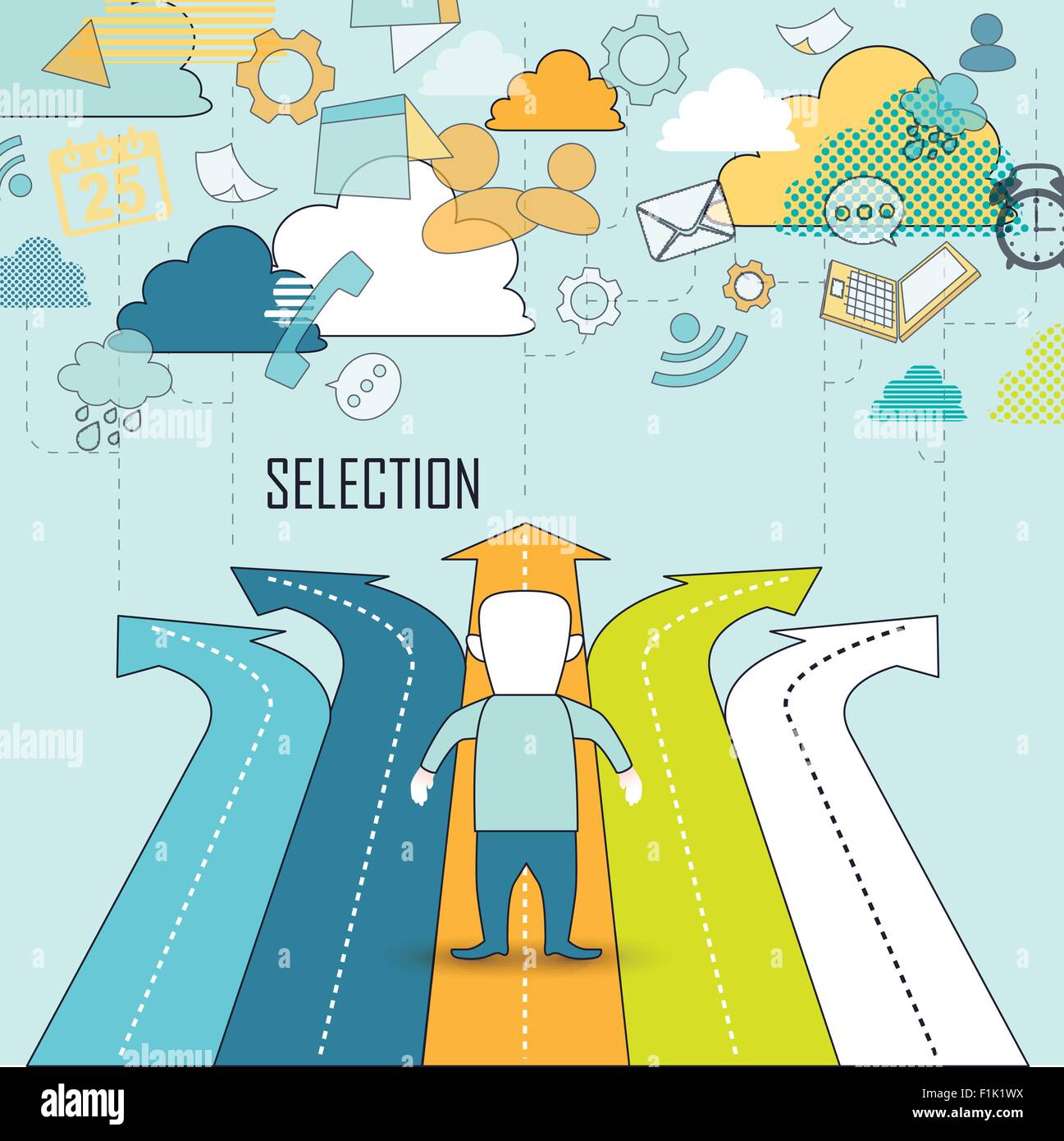 selection concept: a man standing in front of bifurcation intersection ...