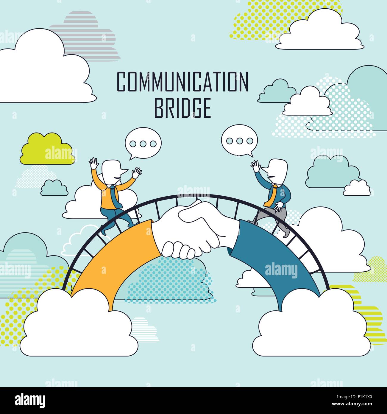 cooperation concept: two businessmen on communication bridge in line ...