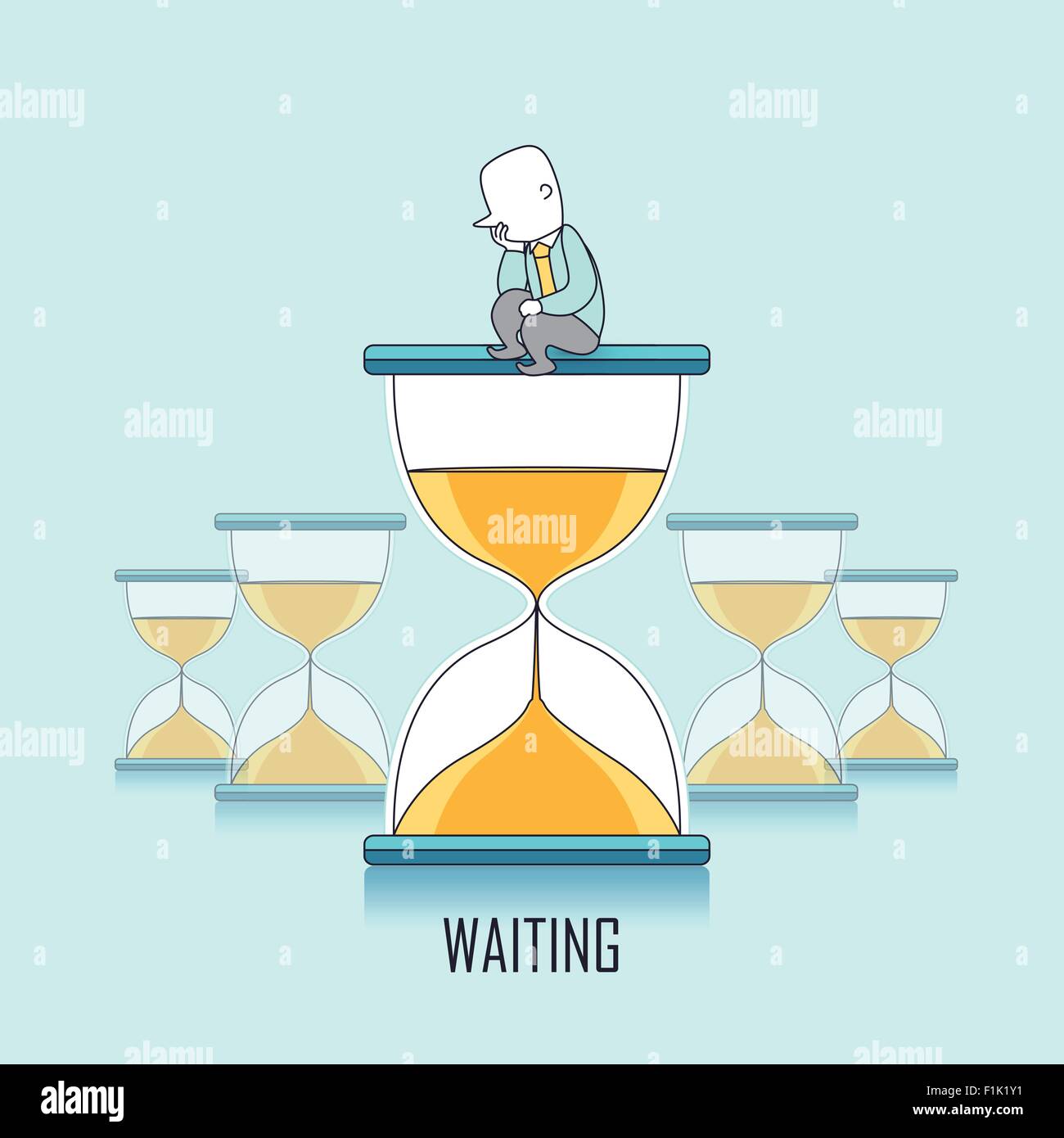 waiting concept: businessman keeps waiting and sitting on a hourglass ...