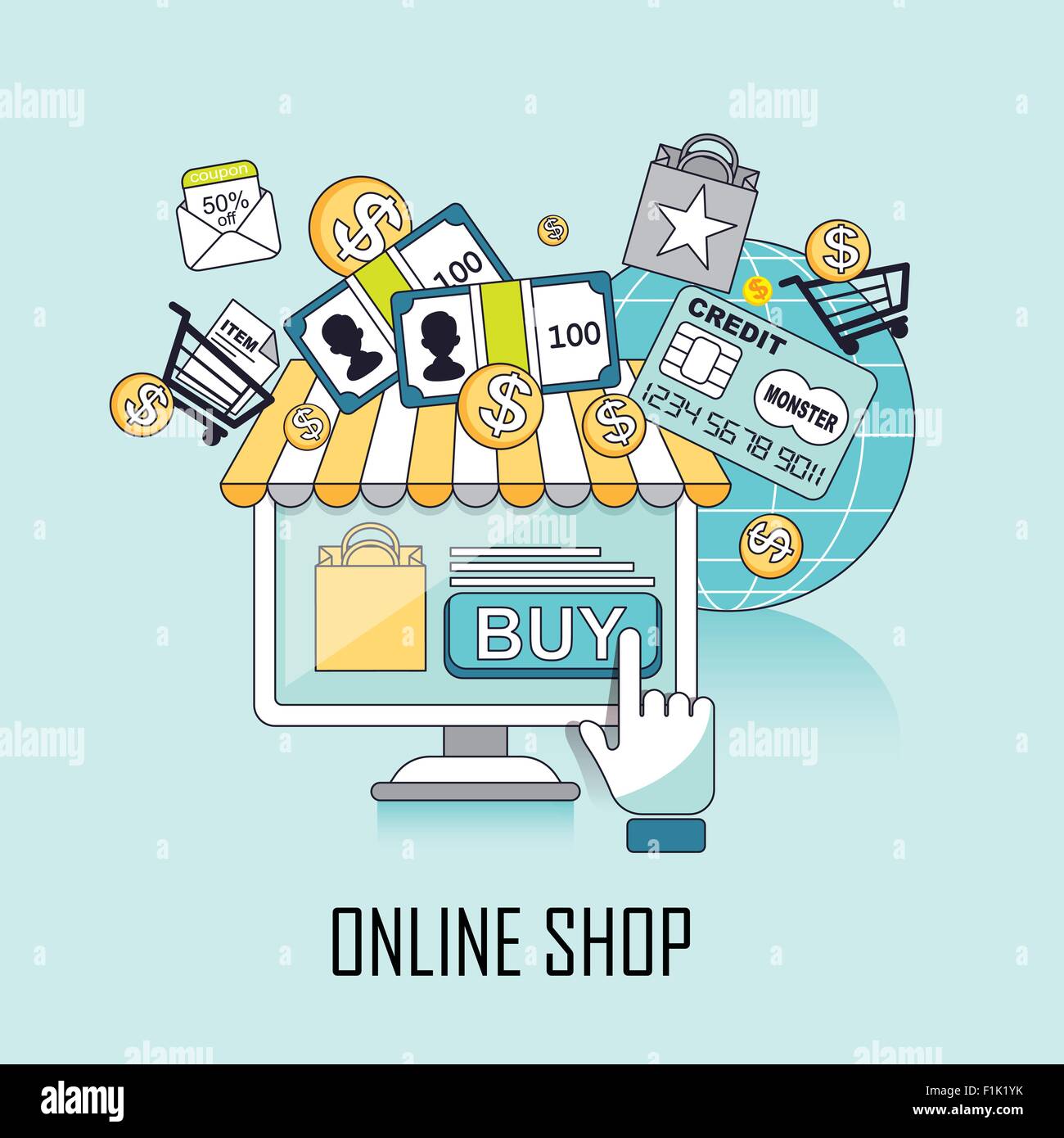 online shop concept: a virtual store and shopping process in line style ...