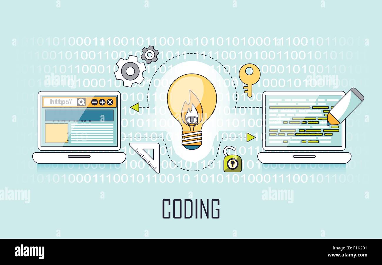 coding concept: lighting bulb and laptop in line style Stock Vector ...