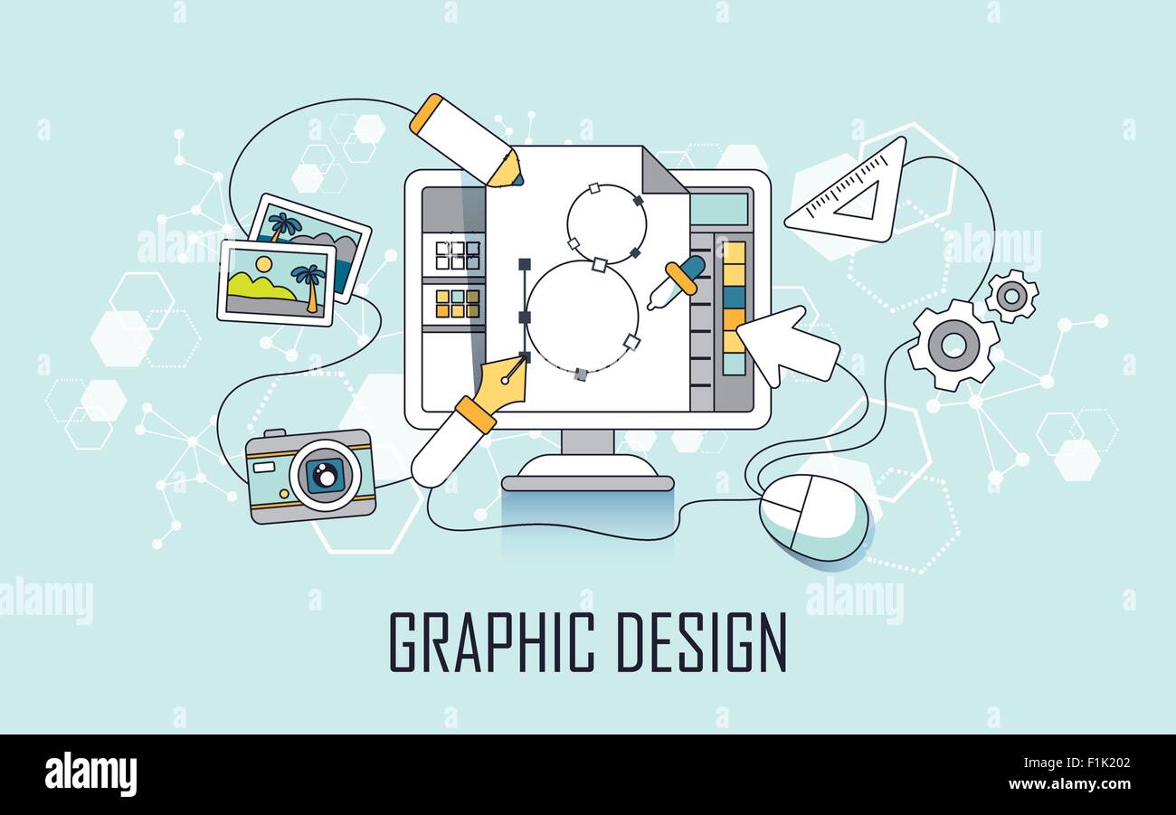 graphic design concept: computer and design elements in line style ...