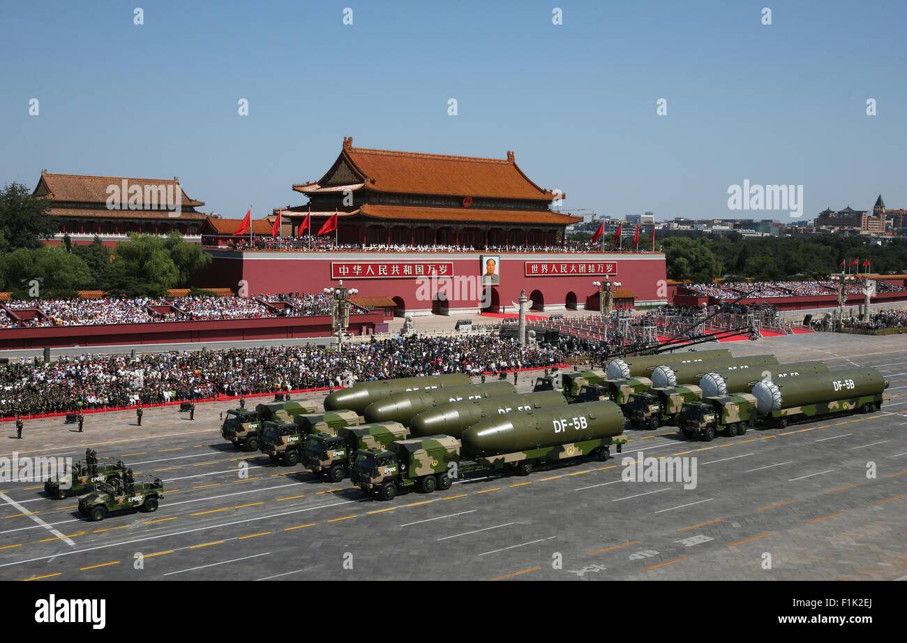 Beijing, China. 3rd Sep, 2015. The DF-5B nuclear missiles attend the ...