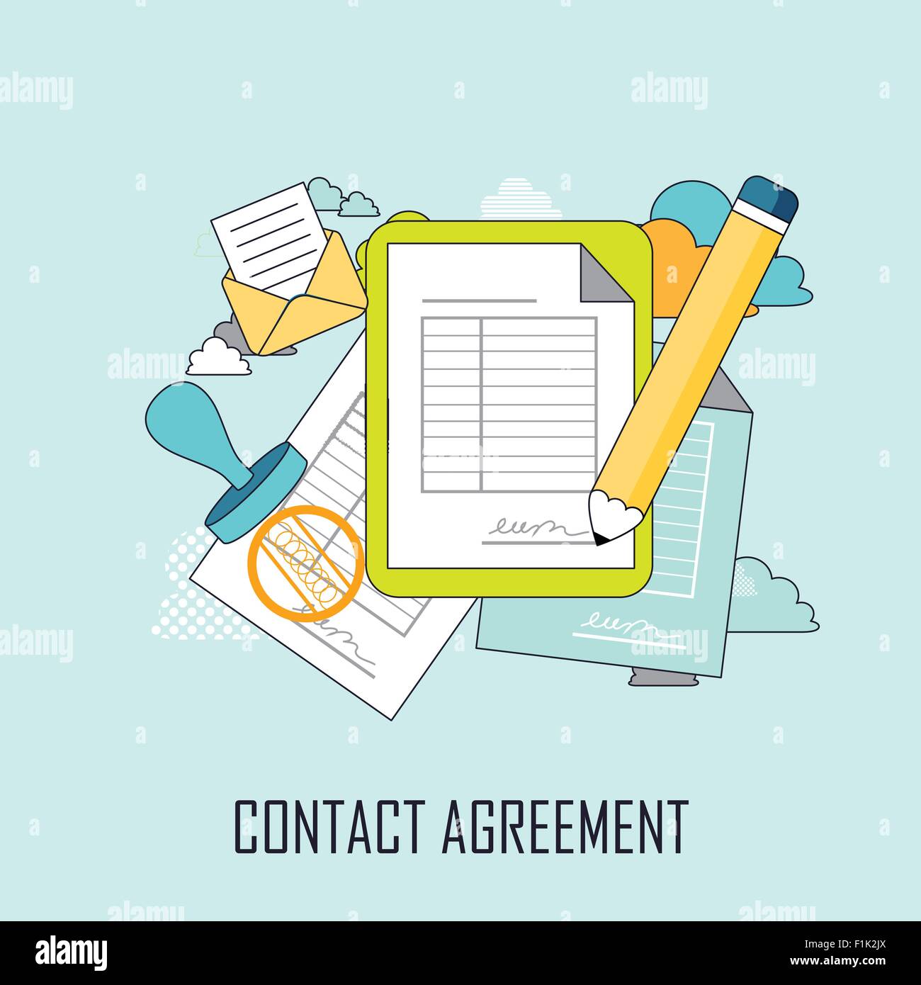 contract agreement concept: documents and pen in thin line style Stock ...