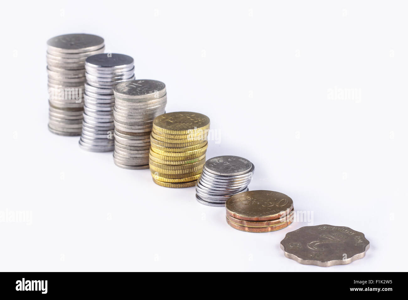 coins arranged in a state of decline isolated on white background Stock ...