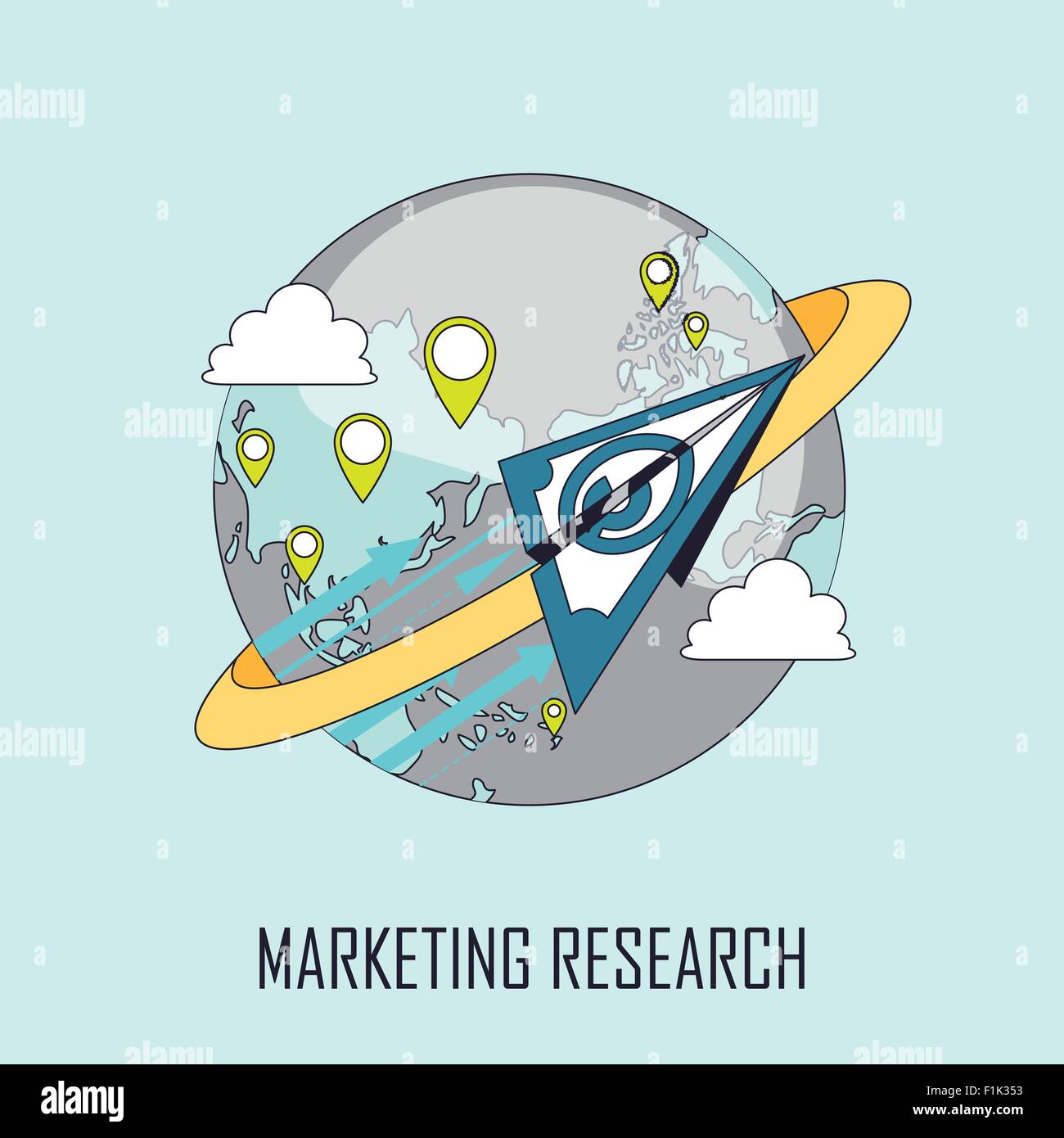 marketing research concept: paper plane flying around the earth in line ...
