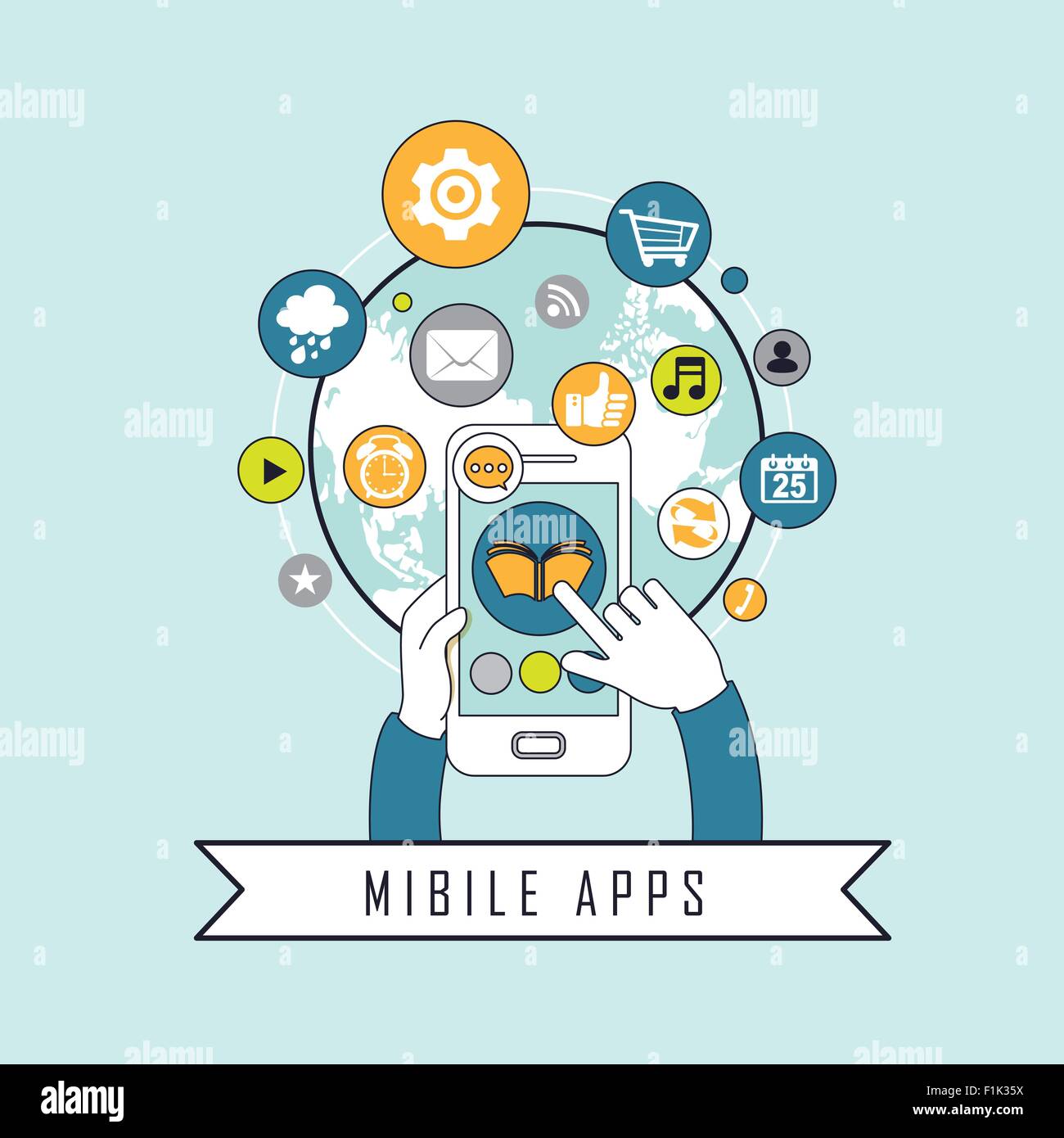 mobile apps concept: apps flying out from the mobile in line style ...