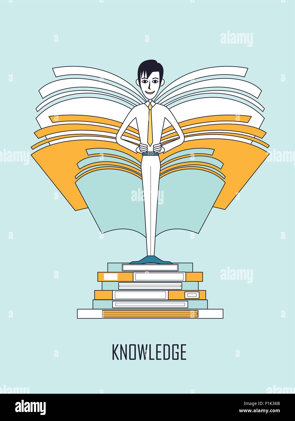 knowledge concept: businessman standing on a pile of books in flat line ...