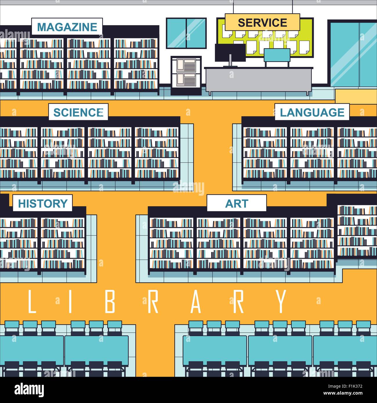 library scene with lots of bookshelves and books in line style Stock ...