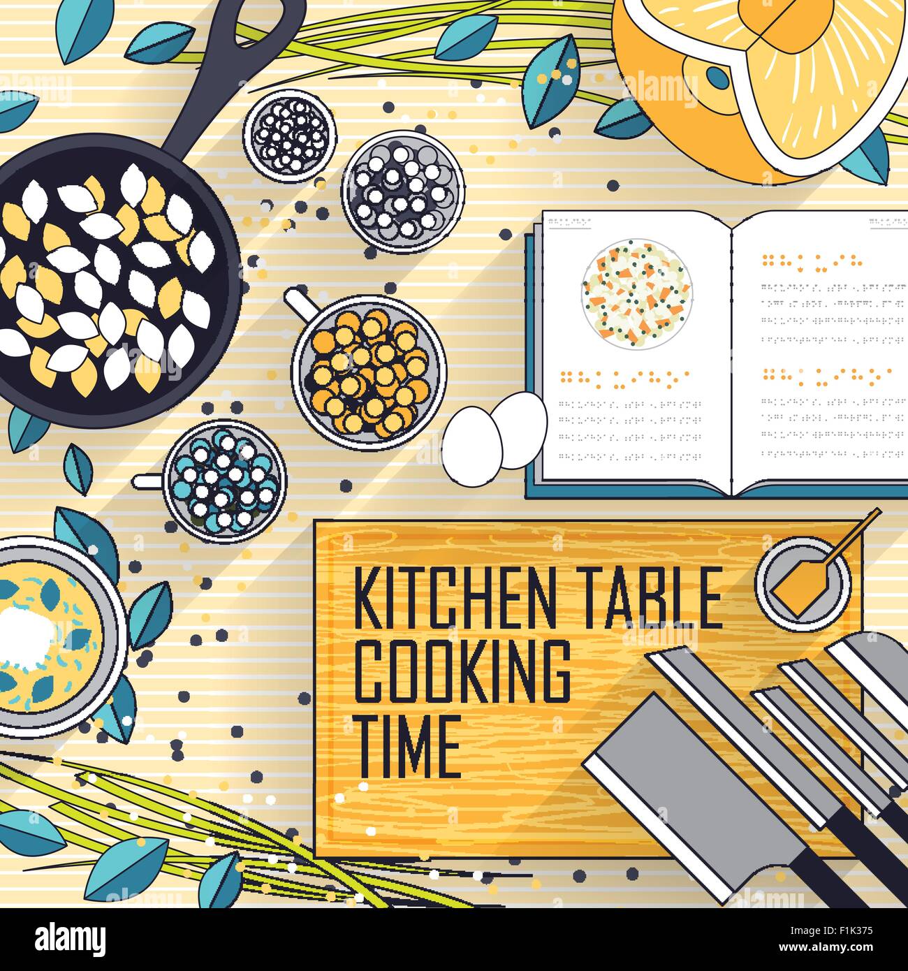 variety cooking materials on kitchen table in line style Stock Vector ...