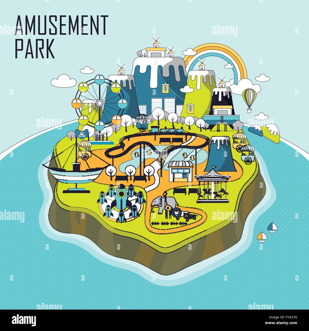 amusement park elements on an island in line style Stock Vector Image ...