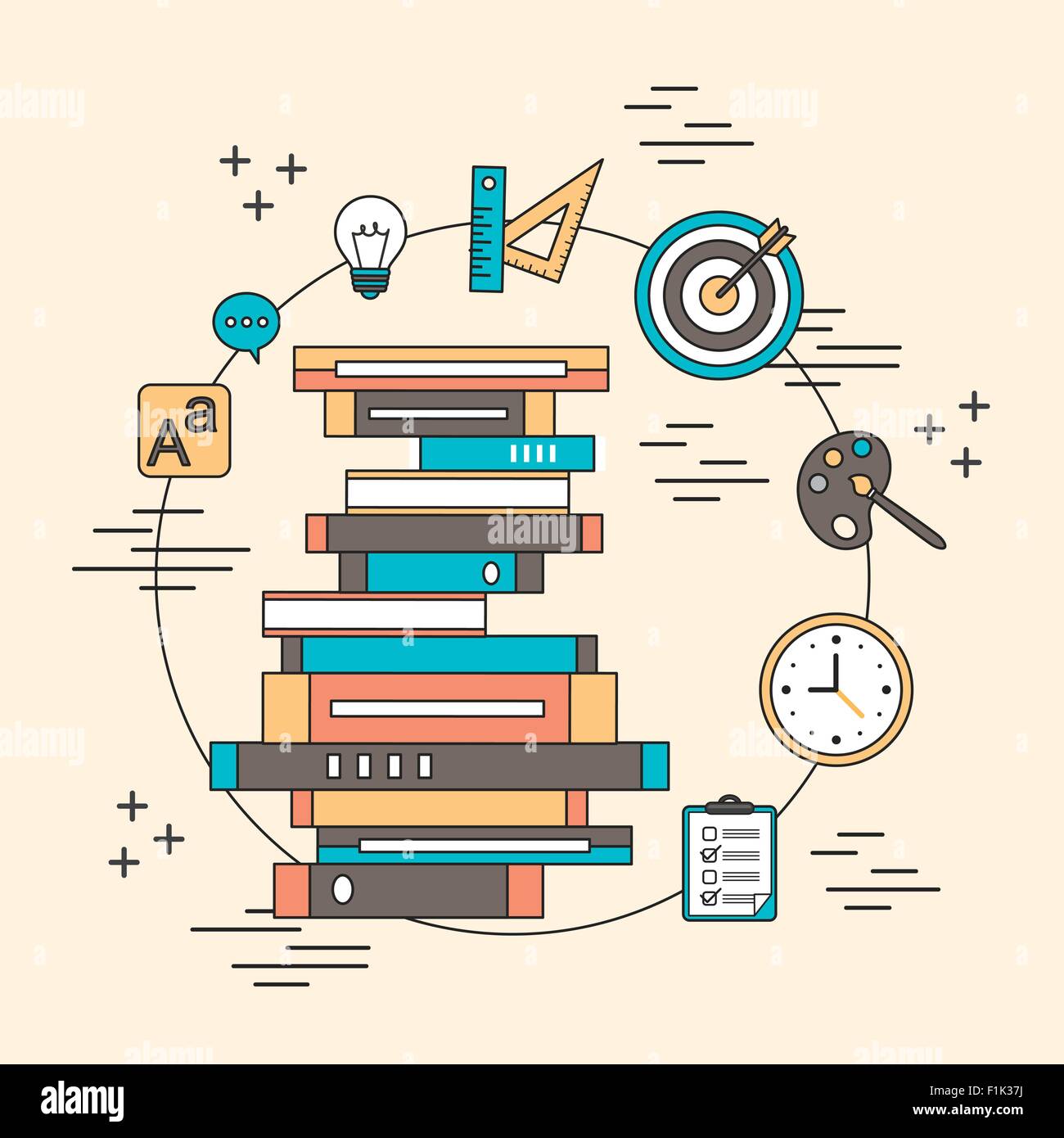 tutorial concept: a pile of books and education elements in line style ...
