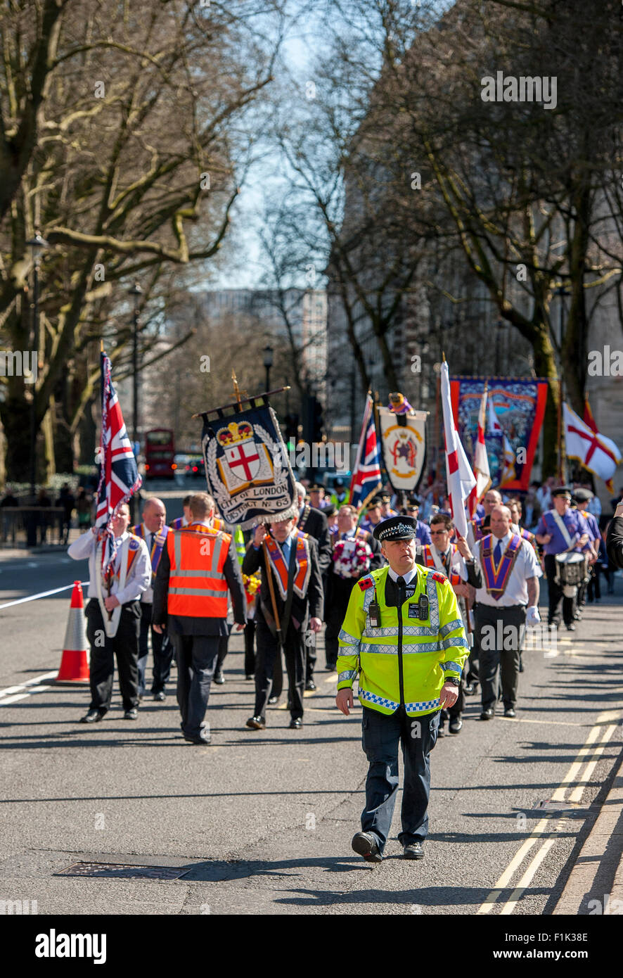 St Georges Day Orange parade in City of London being escorted by the ...