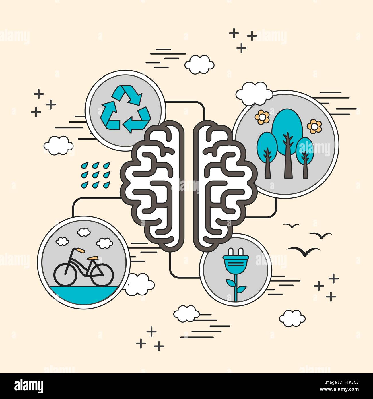 think green concept: ecology idea coming out from a brain in line style ...