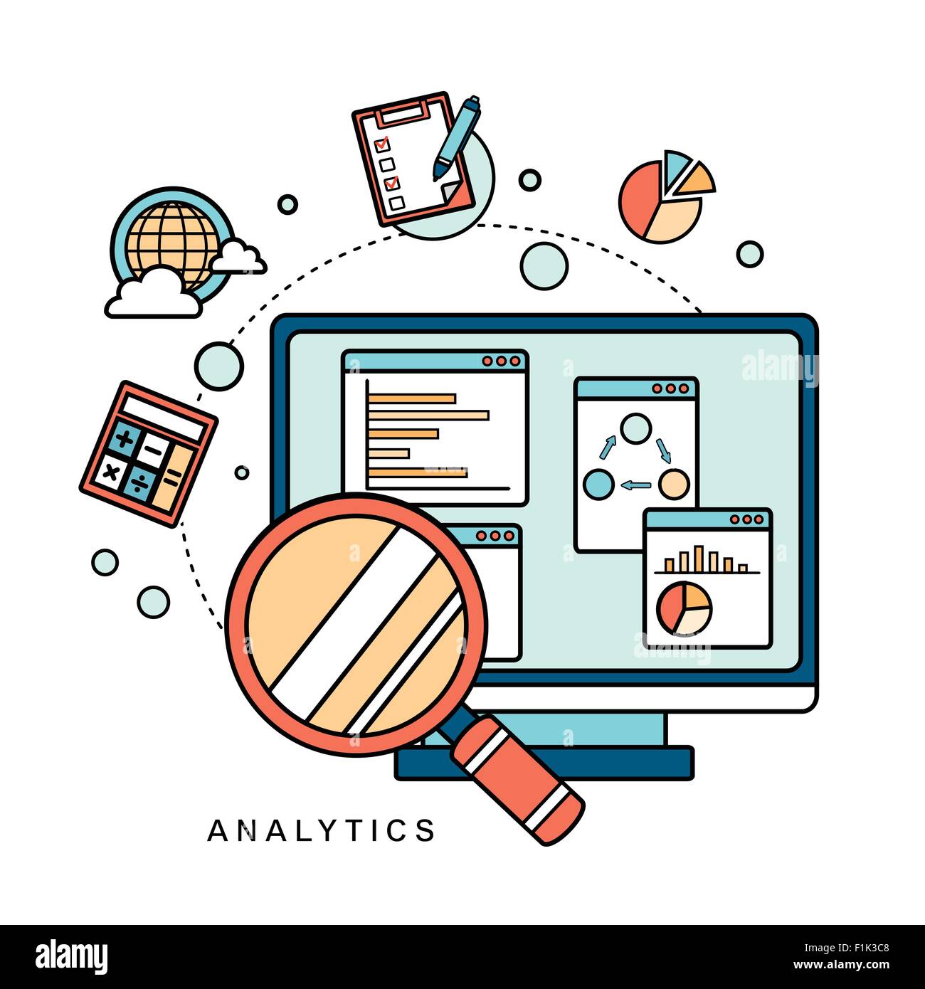 data analytic concept: magnifying glass with business chart in line ...