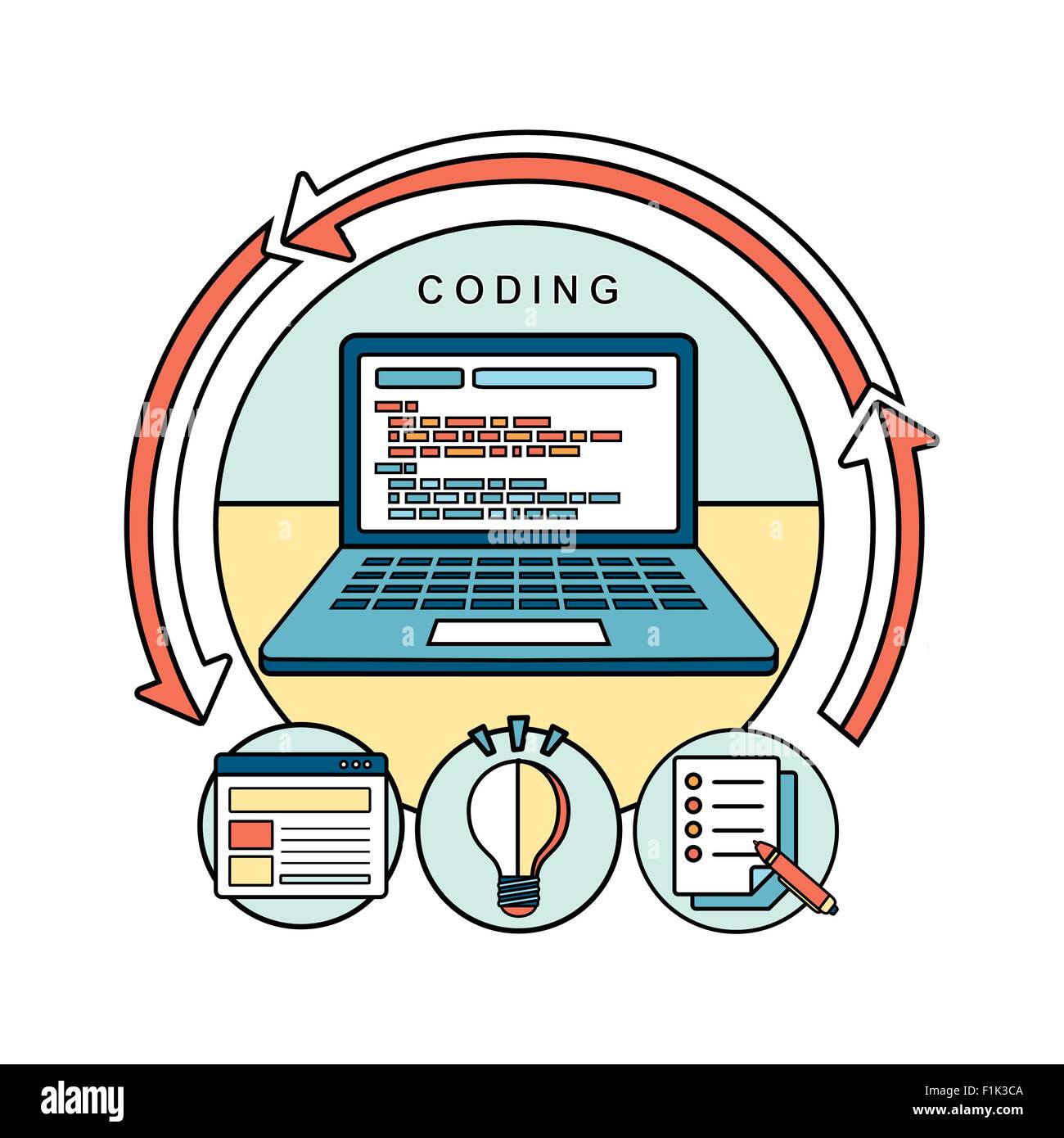 coding concept: lighting bulb and laptop in line style Stock Vector ...