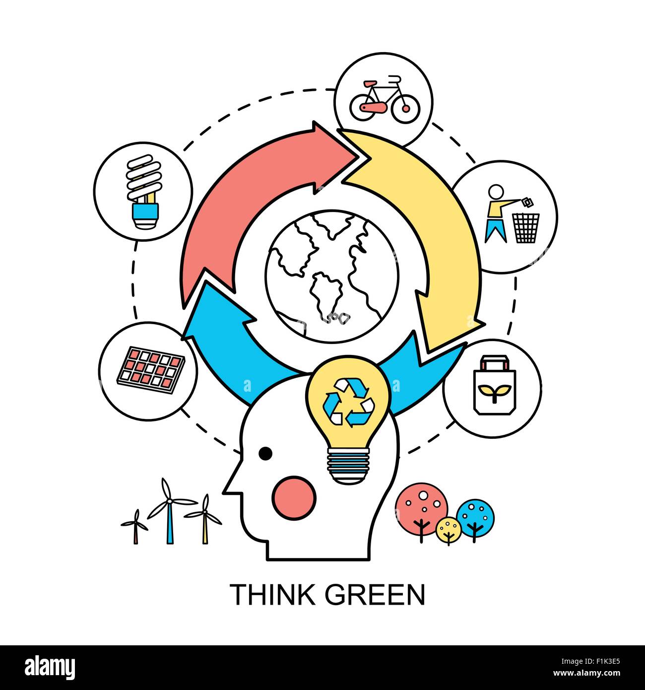 ecology concept: think green in flat line style Stock Vector Image ...