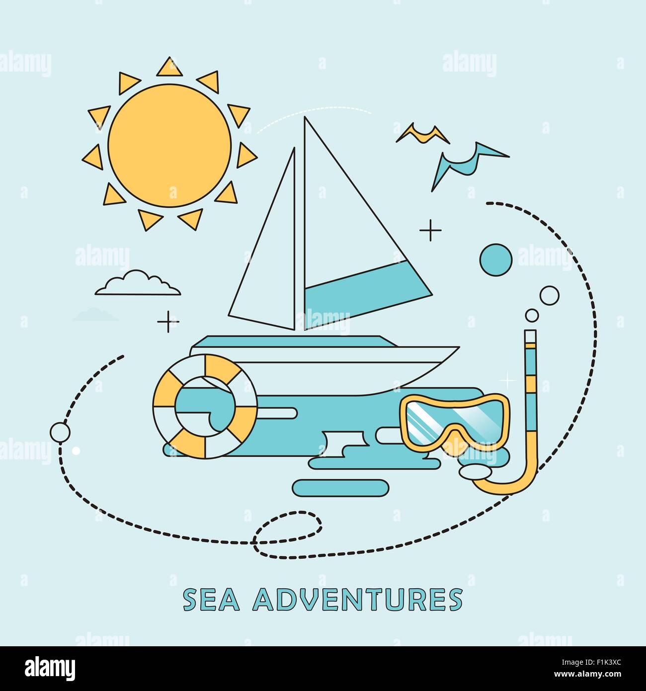 sea adventures concept: boat and swimming equipment in line style Stock ...