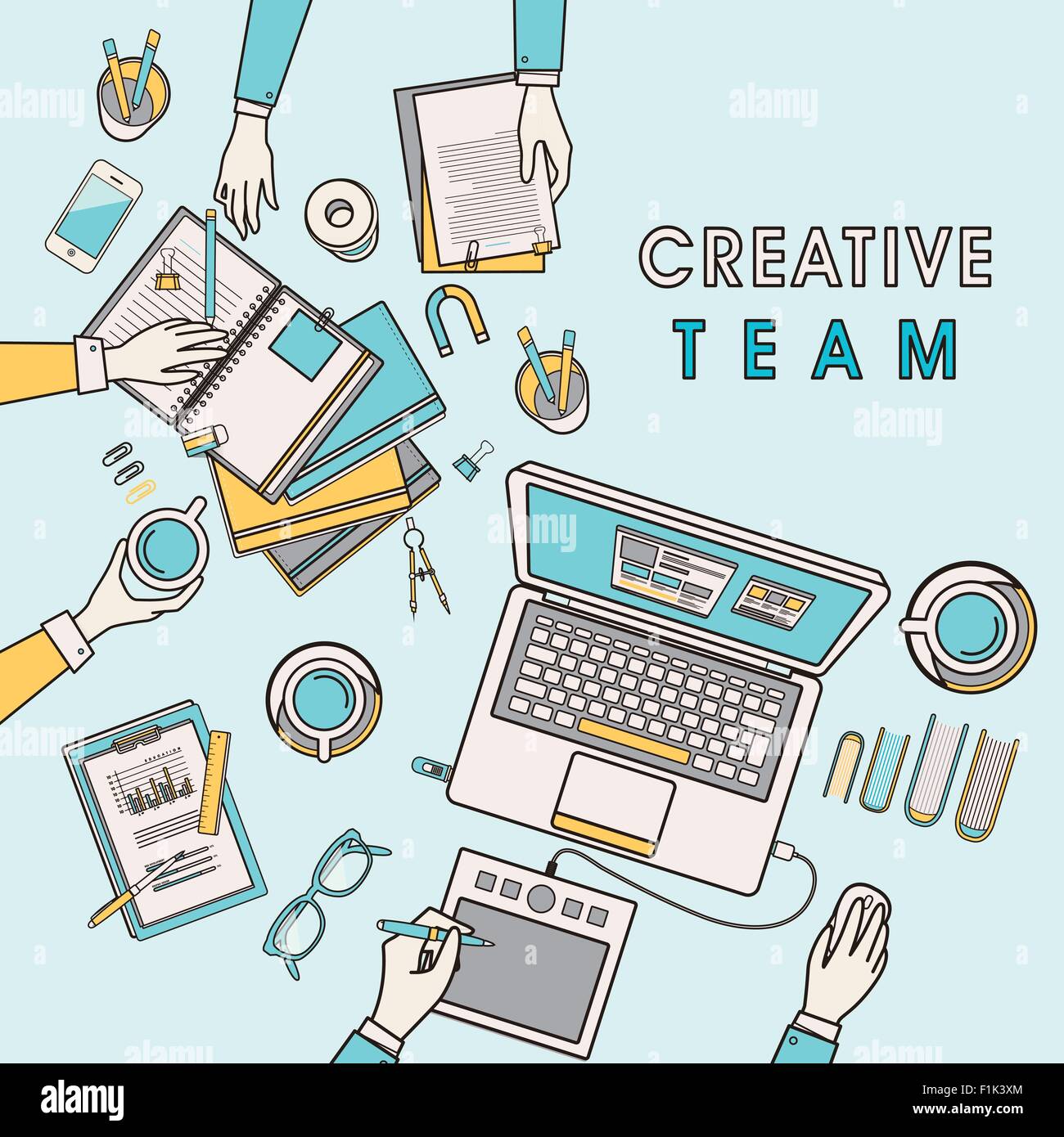 working place of creative team in flat line design Stock Vector Image ...