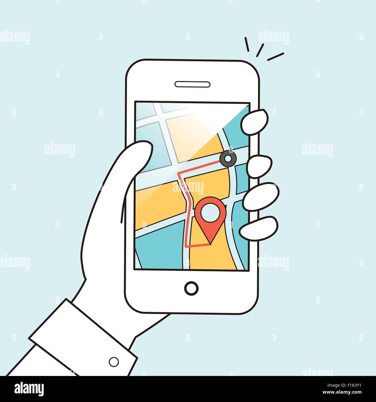 mobile gps navigation concept: a man holding smartphone in flat line ...