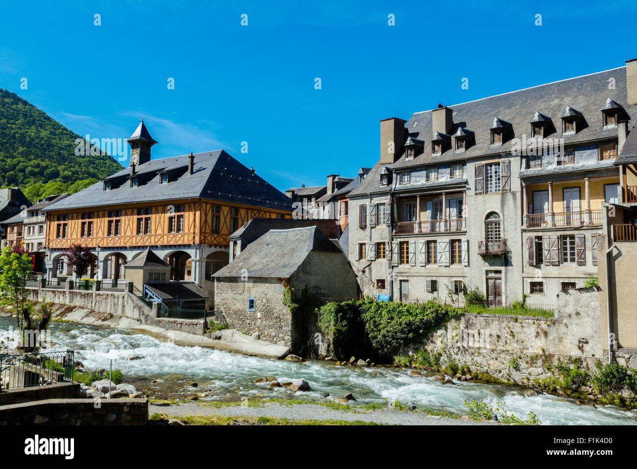 The city hall and the River Aure at Arreau, Hautes Pyrenees, France ...
