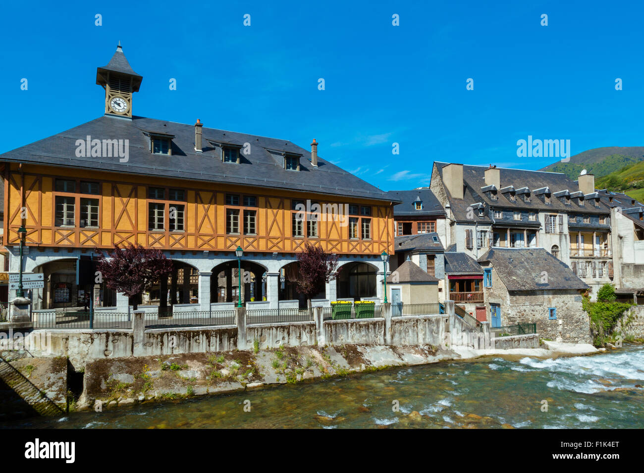 The city hall and the River Aure at Arreau, Hautes Pyrenees, France ...