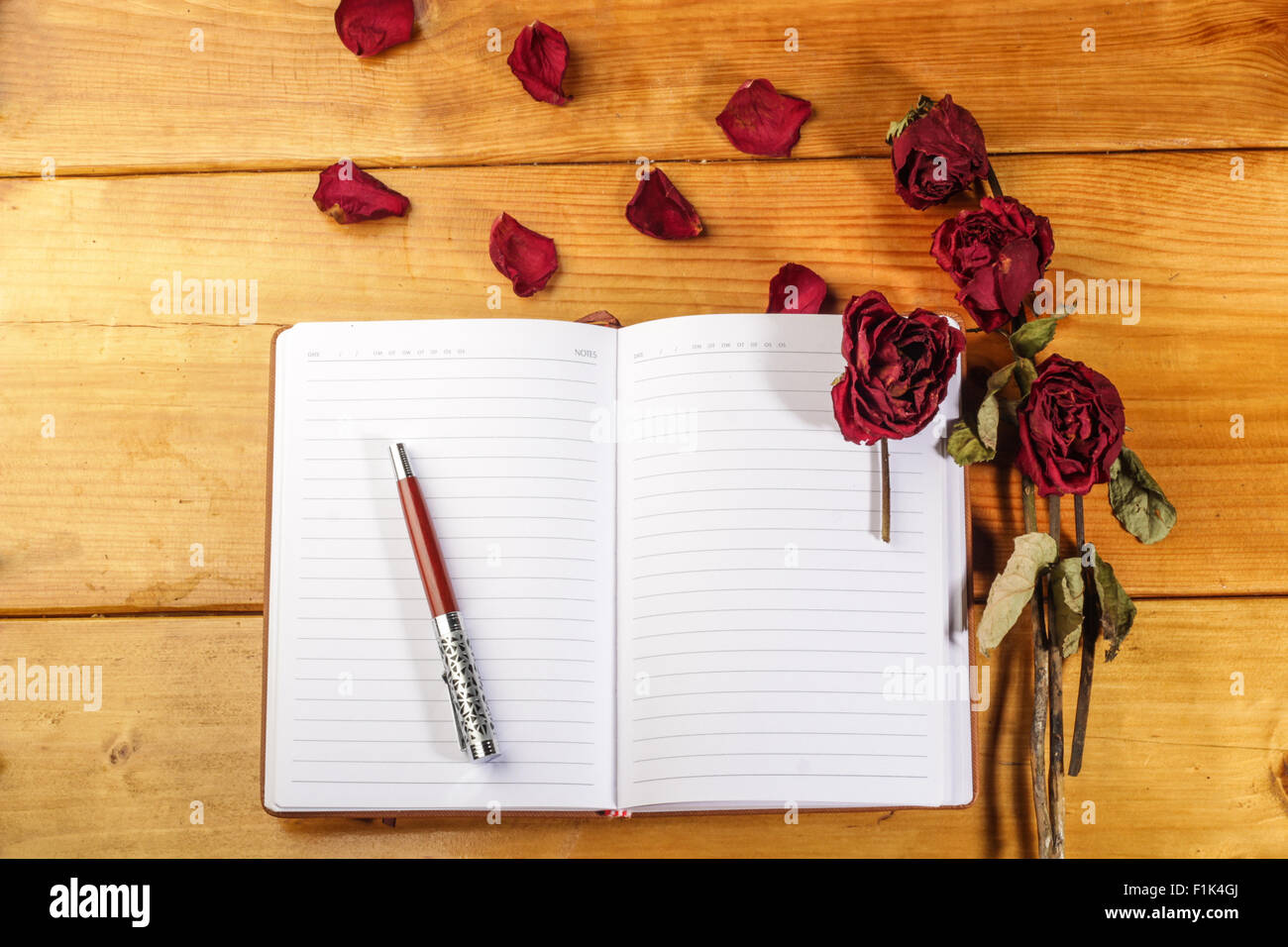 red dried roses with book and pen isolated on wooden background Stock ...