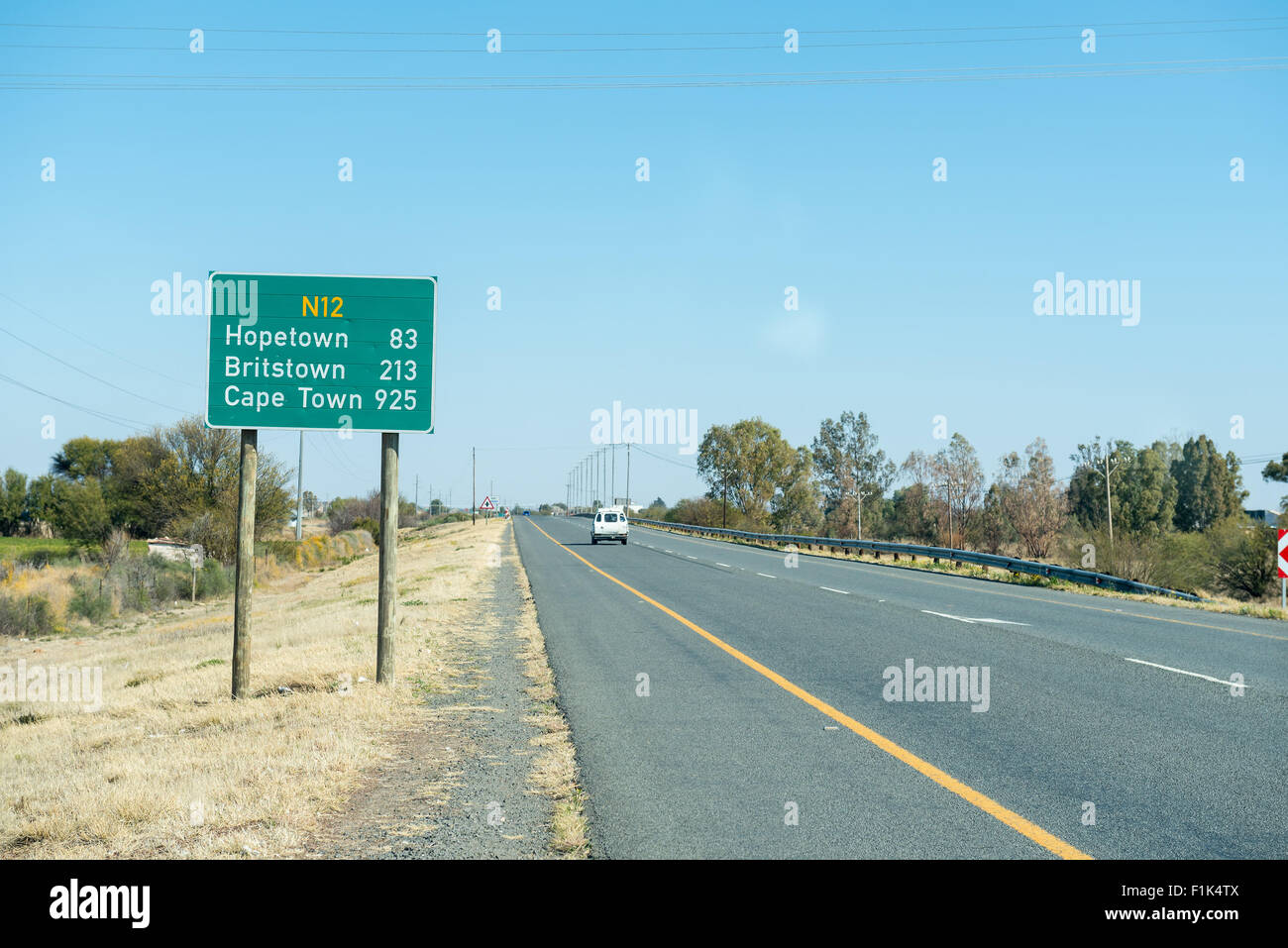 Distance road sign at Modderrivier (Mud River) in the Northern Cape ...