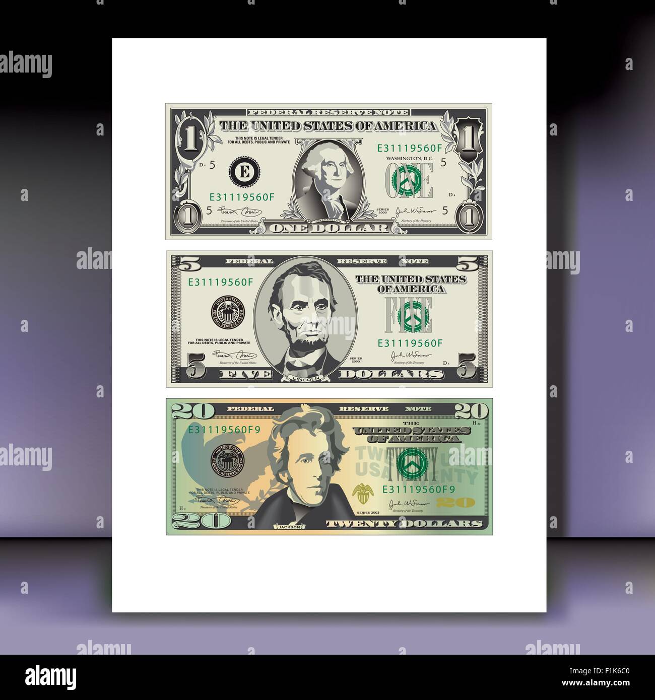 Three detailed, Stylized Vector Drawings of Bills on a Mauve Background ...