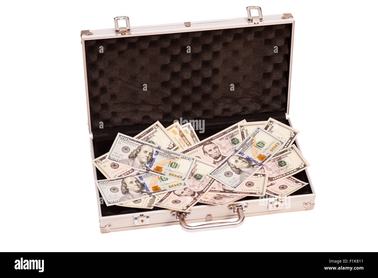 Open silver case with dollars on white background Stock Photo - Alamy