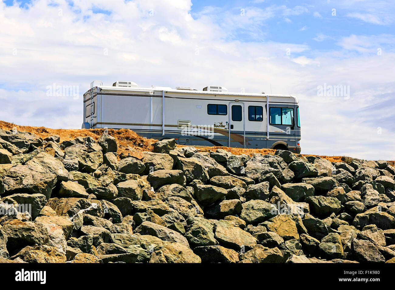 32ft Class A RV parked in a parking area on the pacific coast Stock ...