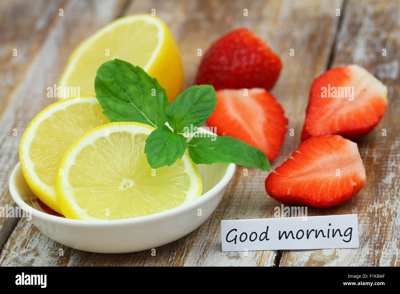 Good morning card with lemon and strawberries Stock Photo - Alamy