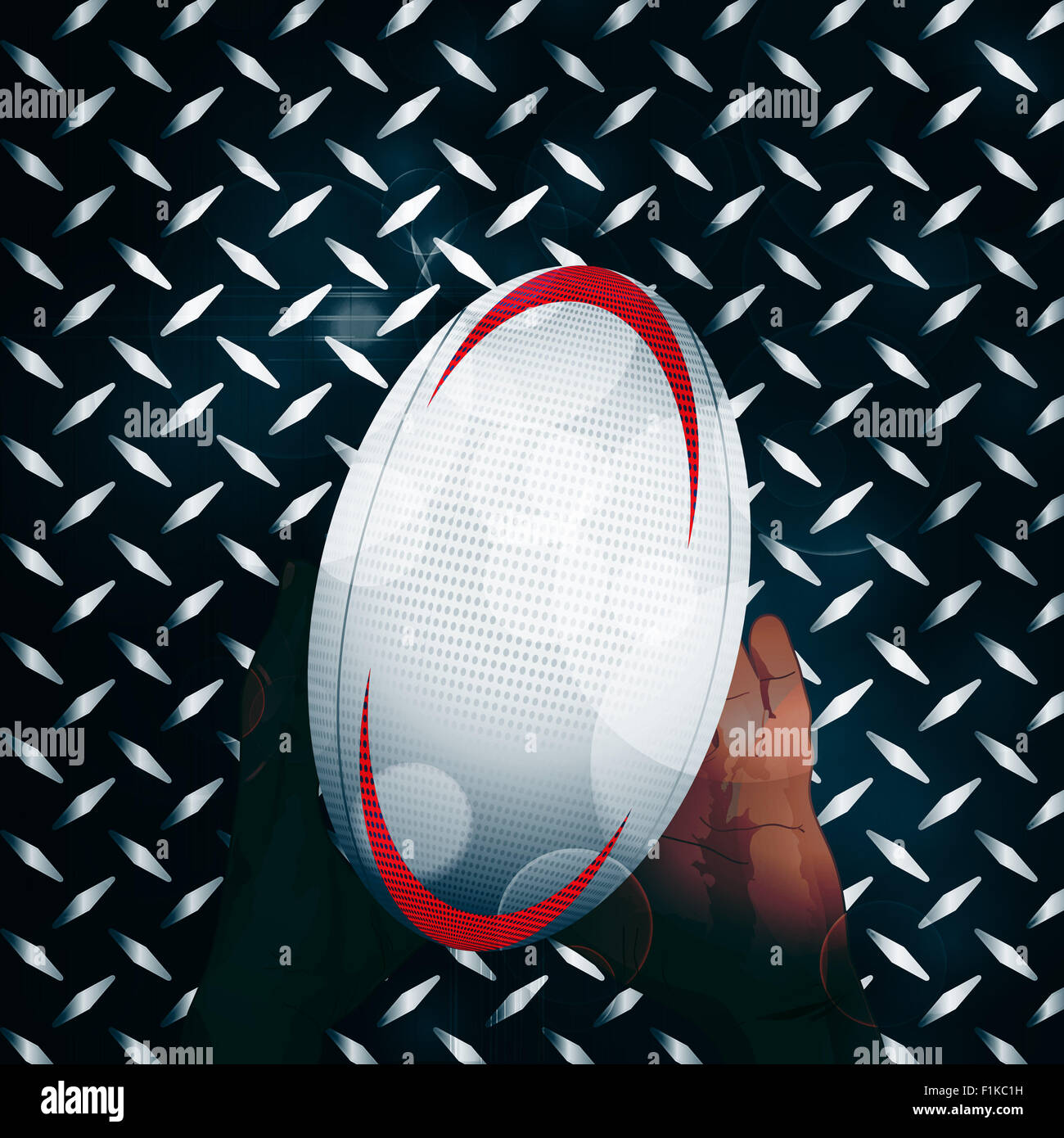 Rugby Ball and Hands Over Black Metallic Diamond Plate Background Stock ...