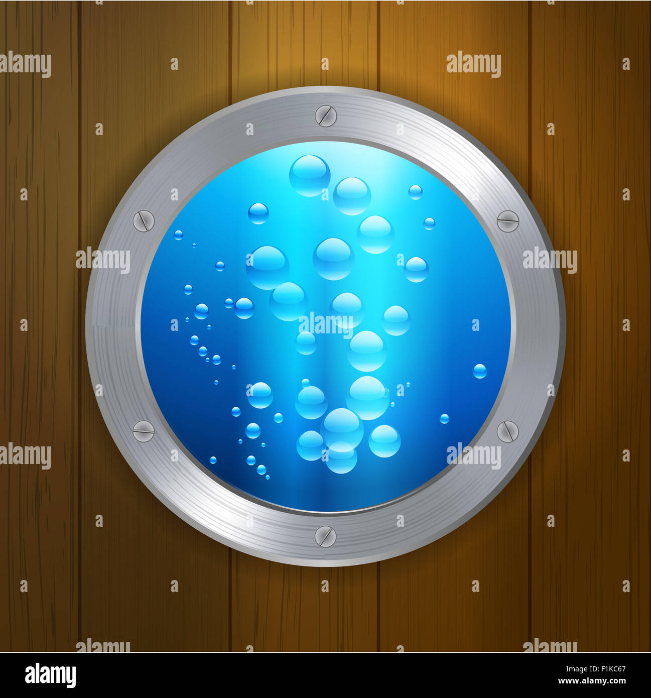 Porthole Window with Blue Water and Bubbles Over Wood Background Stock ...
