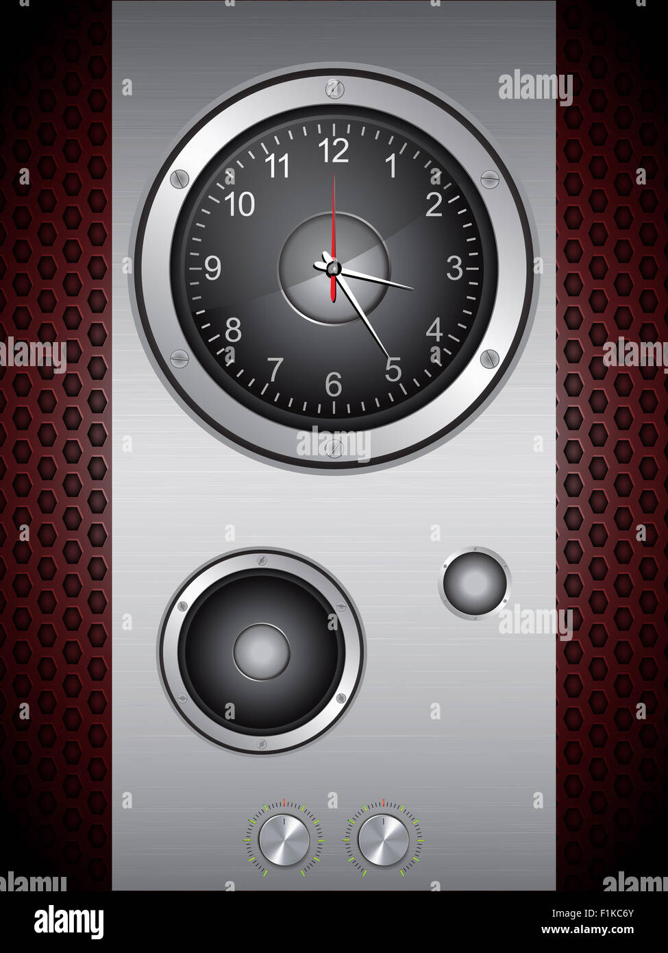 Clock on a Speaker with Volume Dials Over Metallic Background Stock ...