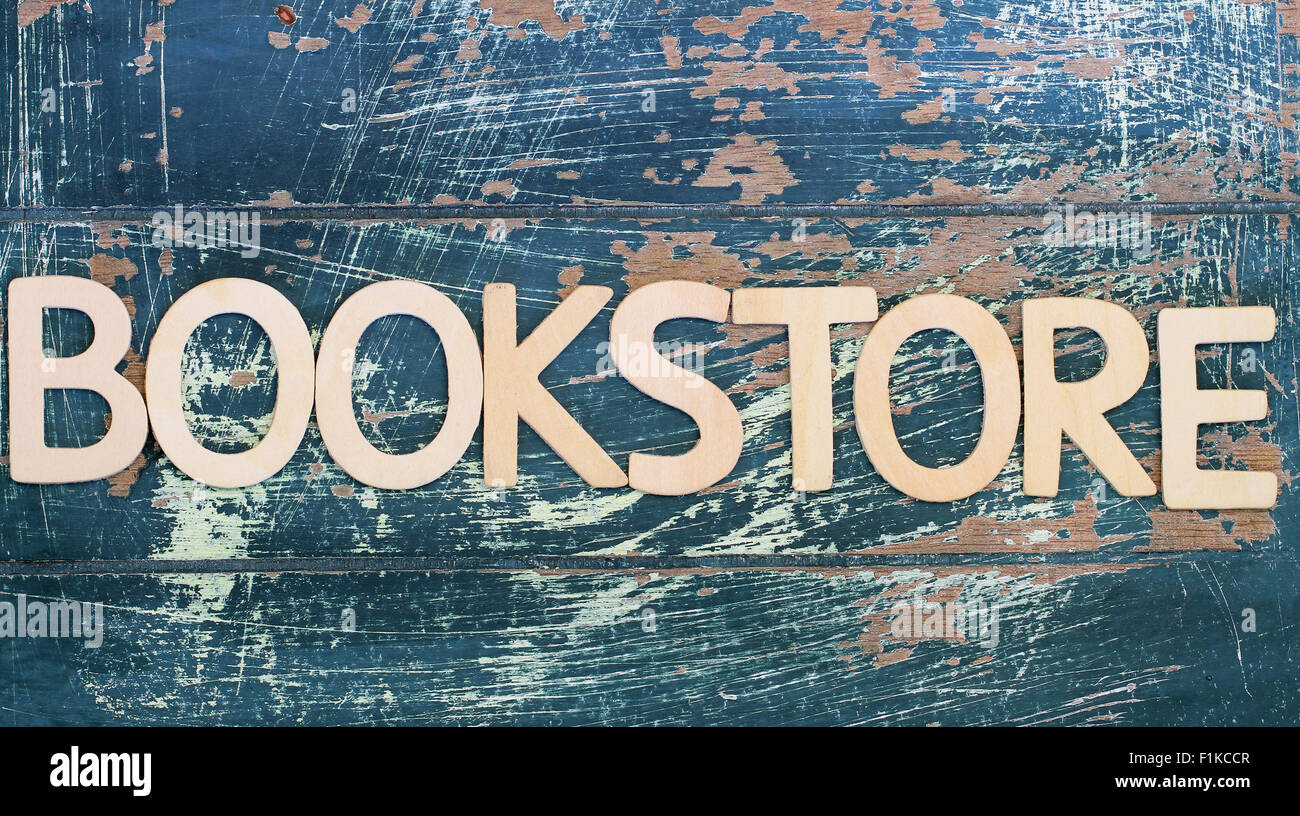Bookstore written with wooden letters on rustic wooden surface Stock ...