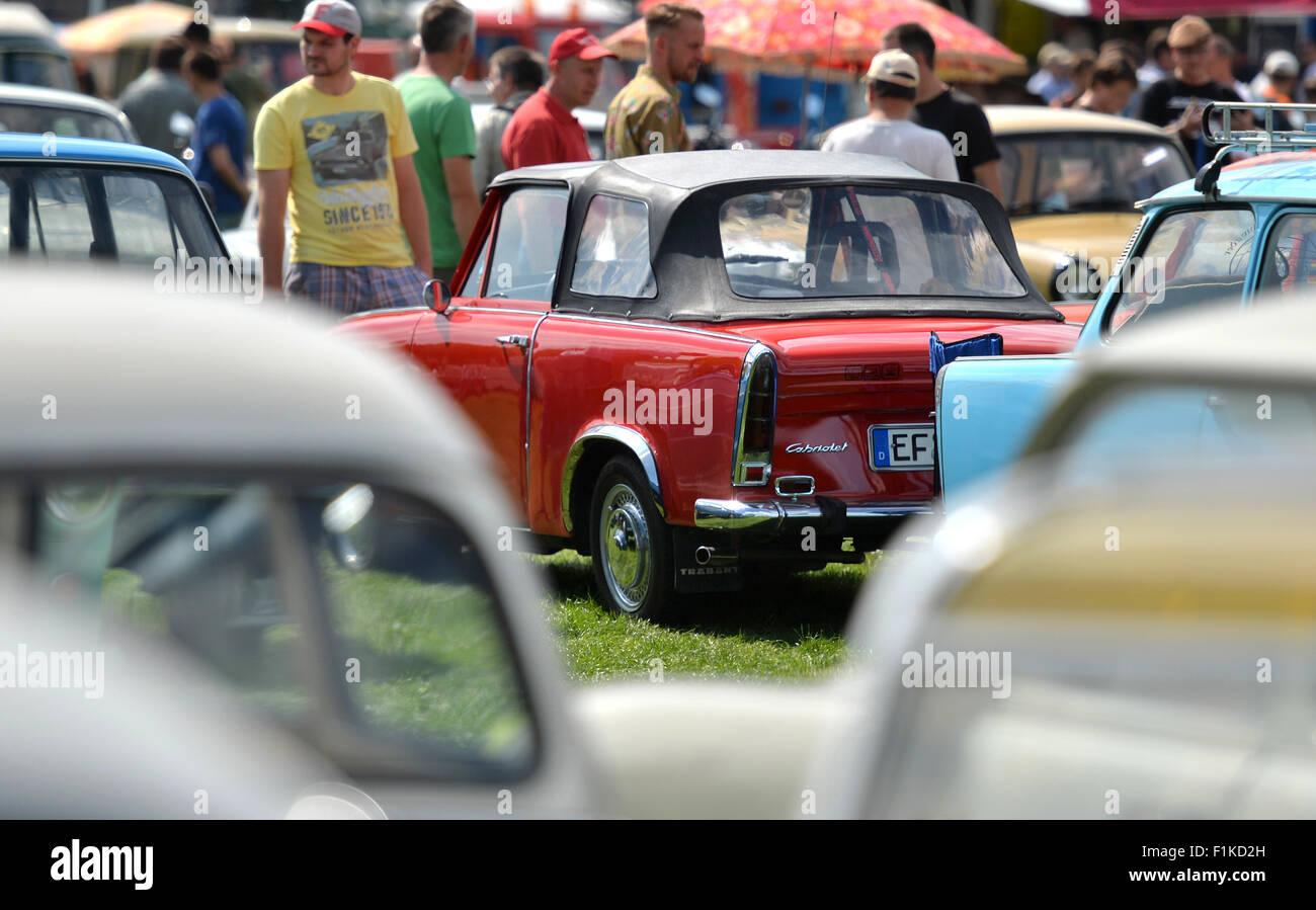 A well maintained vintage Trabant convertible car model is on display ...