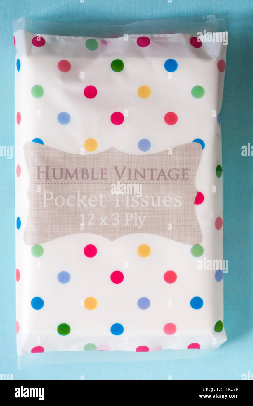 Humble Vintage pack of pocket tissues 12 x 3 ply isolated on blue ...