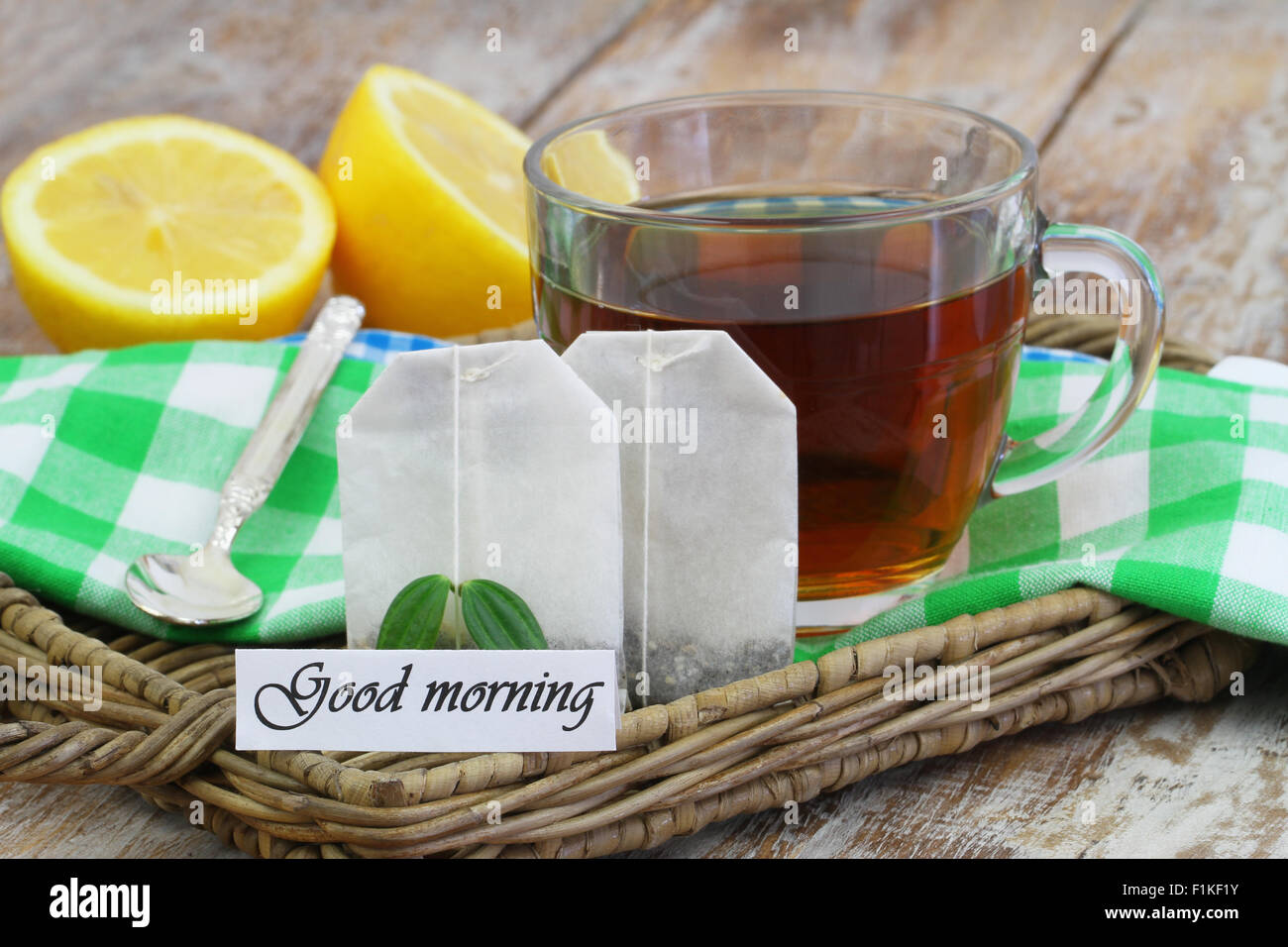 Good morning card with cup of tea Stock Photo - Alamy