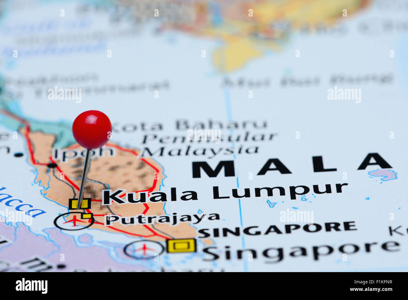 Kuala Lumpur pinned on a map of Asia Stock Photo - Alamy