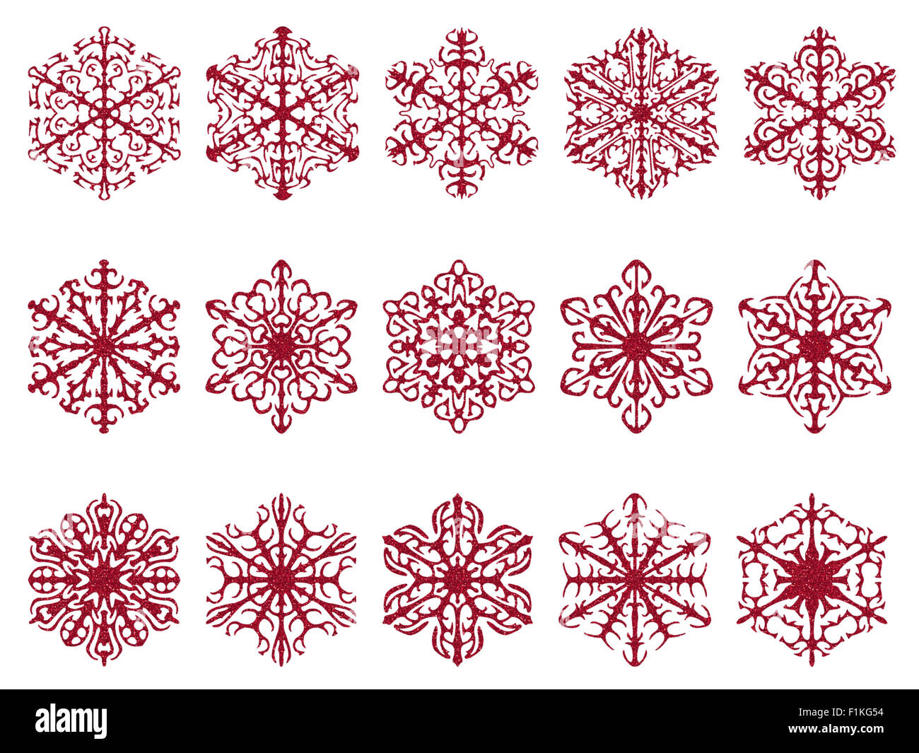 Red glittery textured snowflake designs isolated on white Stock Photo ...