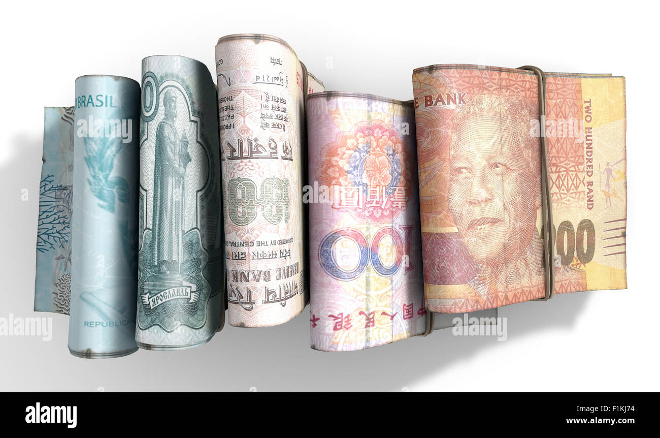Five wads of folded stacks of banknotes representing the BRICS ...