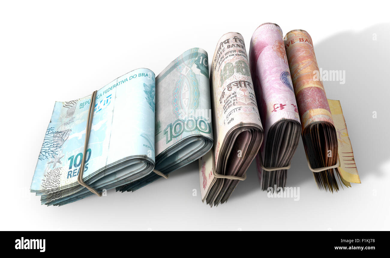 Five wads of folded stacks of banknotes representing the BRICS ...