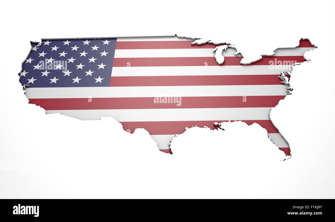 The shape of the country of America in the colours of its national flag ...