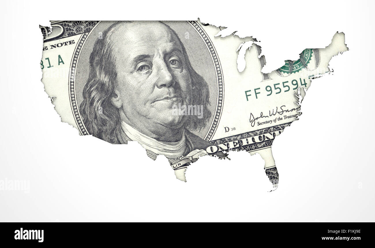 A US dollar note in the shape of America recessed into an isolated ...