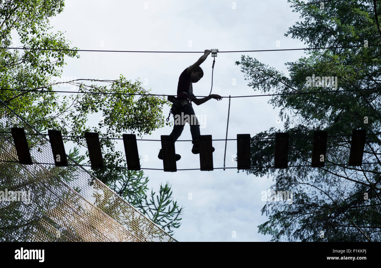 A young boy walks across a tree top adventure course in woodland ...