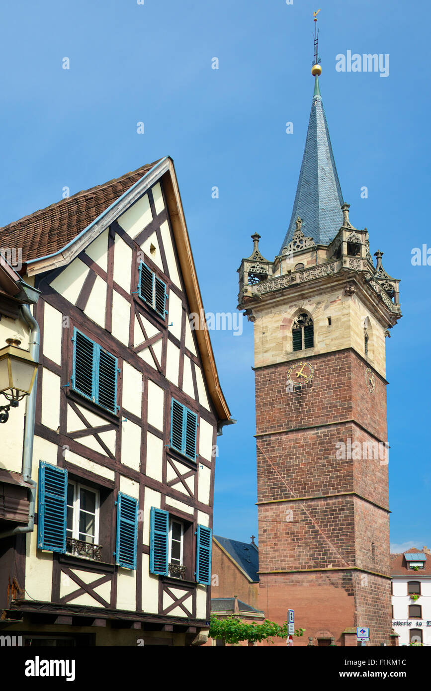 Typical half timbered building and Chapel Tower Saint-Odile Street ...