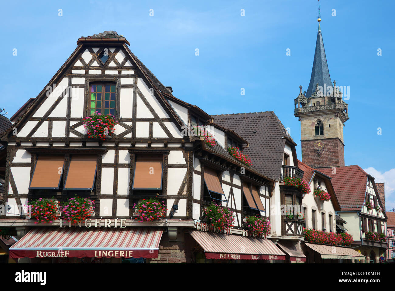 Typical half timbered buildings and Chapel Tower Obernai Alsace France ...