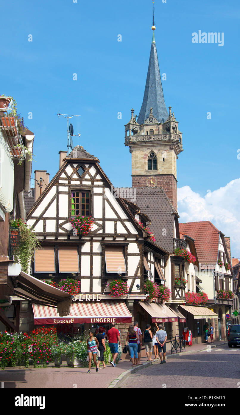 Typical half timbered buildings and Chapel Tower Saint-Odile Street ...
