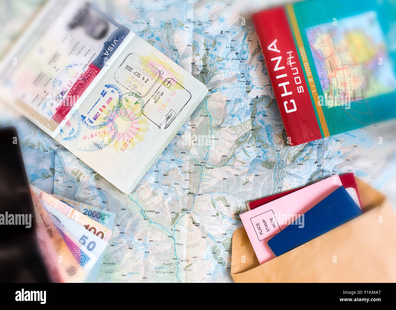 Desk of frequent traveler top view Stock Photo - Alamy